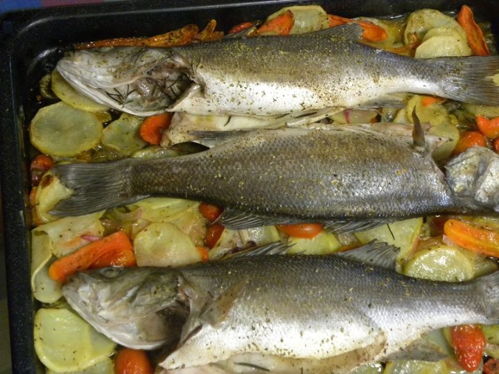 Lavraki Plaki (baked Branzino) on a Bed of Vegetables - Kopiaste..to ...